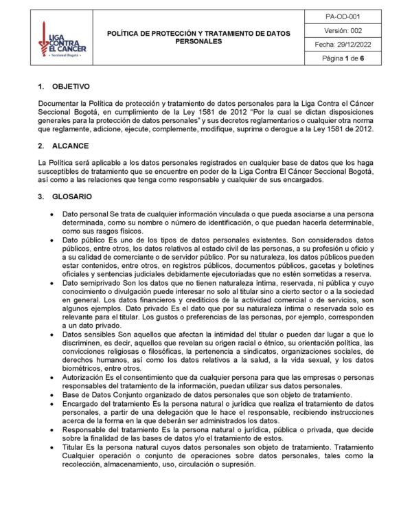Política de protección y tratamiento de datos personales - Liga Contra ...